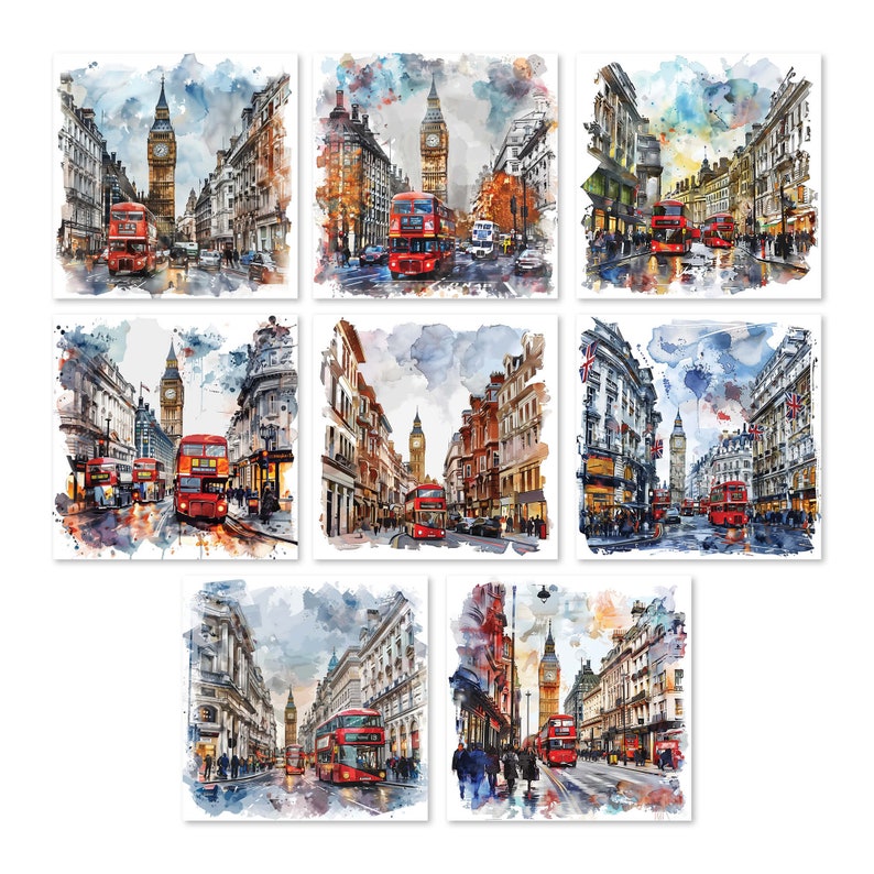 London Watercolor Clipart: Big Ben, Red Bus, UK Landmarks (32 JPG ...
