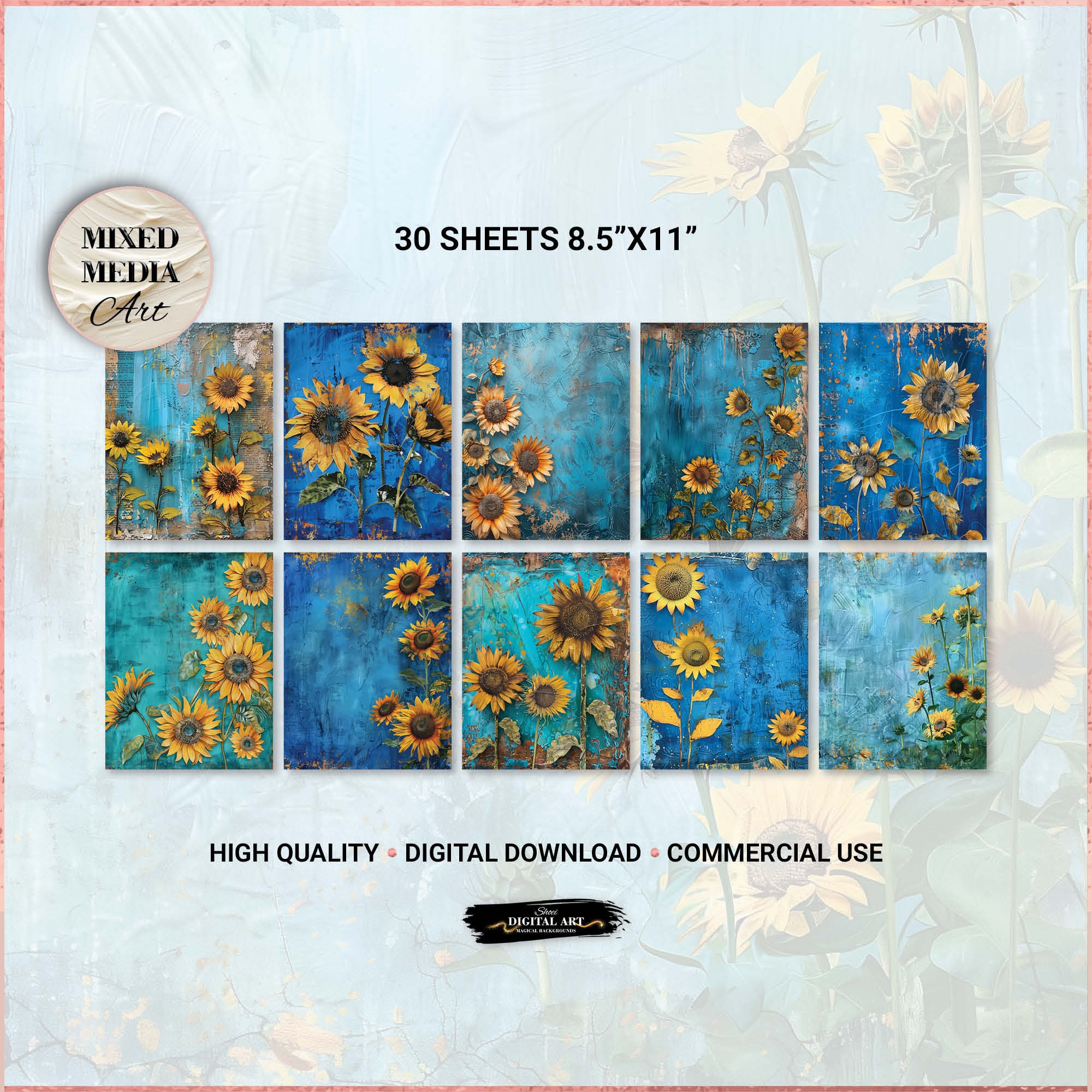 Sunflowers Theme Blue Yellow Digital Paper, 30 Pages 8.5X11 Size for ...