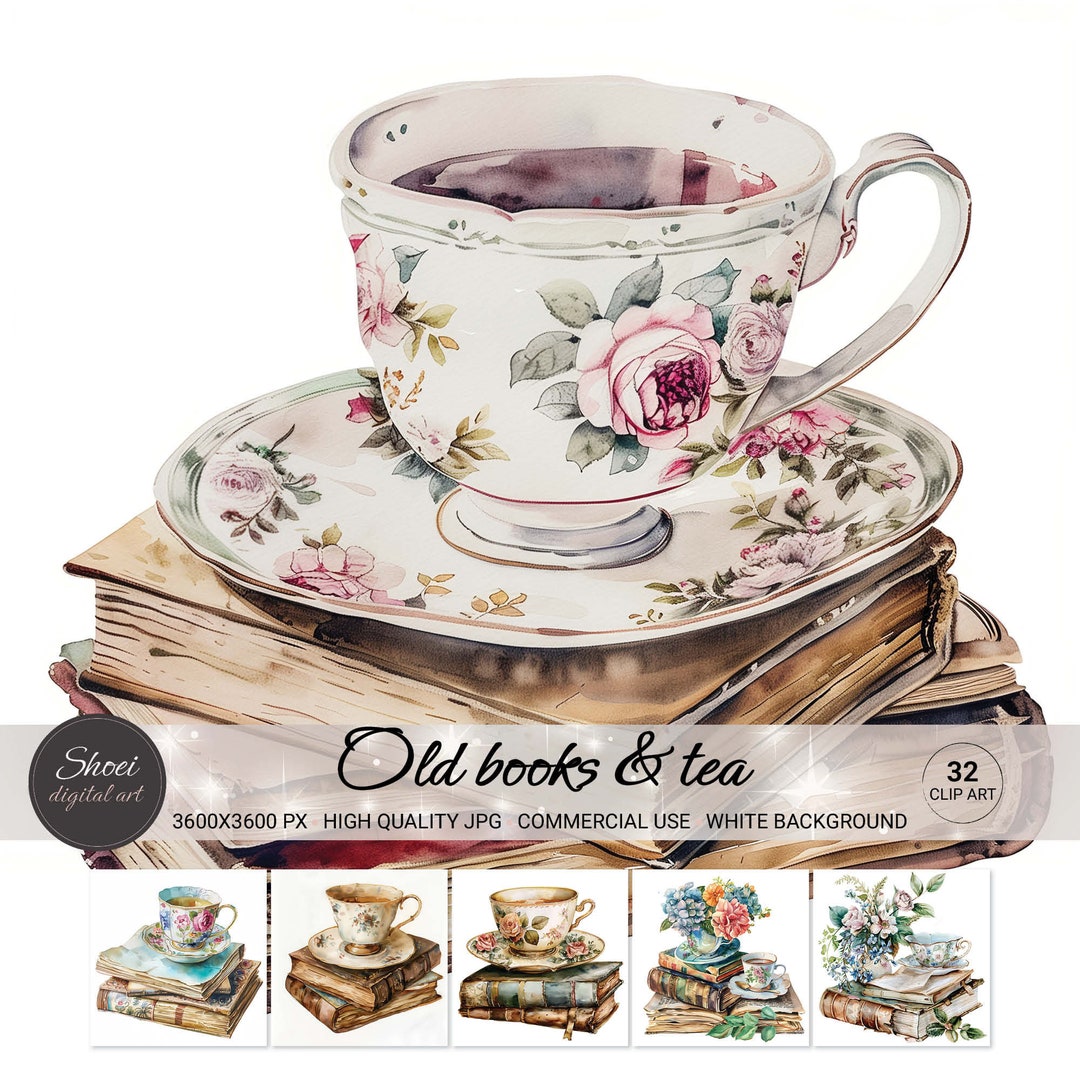 Watercolor Tea Cup and Books Clipart, Vintage Reading Art (32 JPG) - Etsy