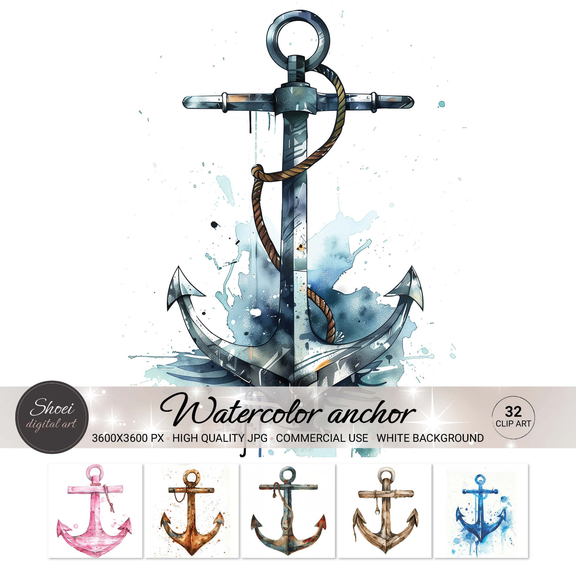 Nautical Anchor Watercolor Clipart Bundle Digital Craft Supply for ...