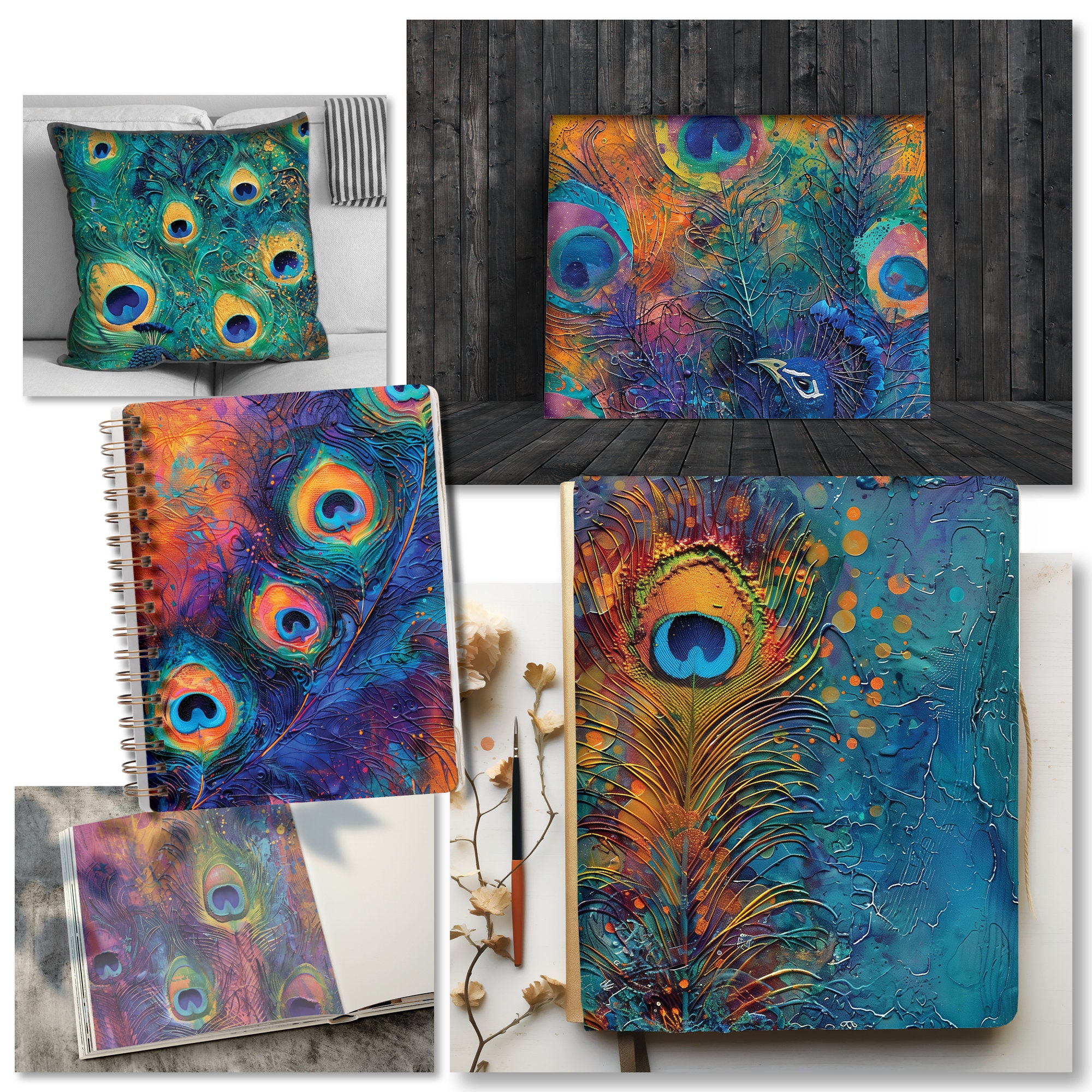 Printable Peacock Feathers Digital Paper, 30 Pages 8.5X11 Size for Junk ...