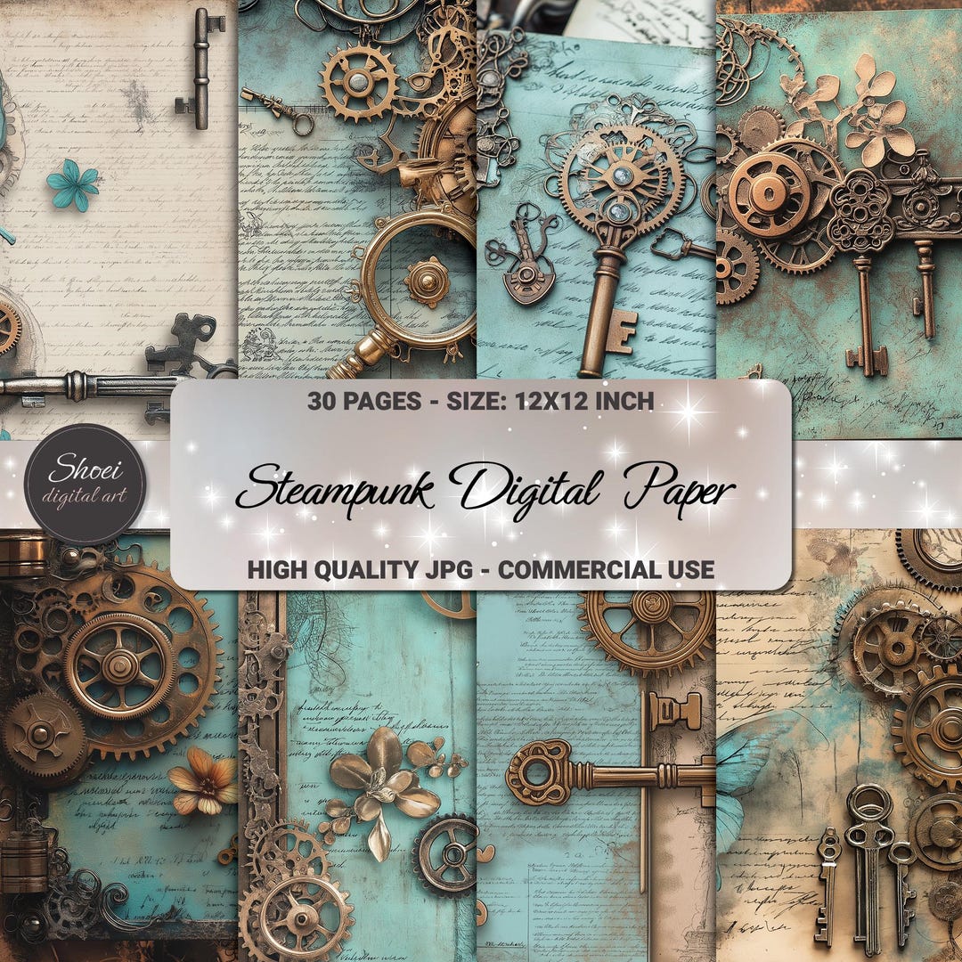 Steampunk Digital Paper Pack: Vintage Keys & Gears (12x12 Inch) - Etsy