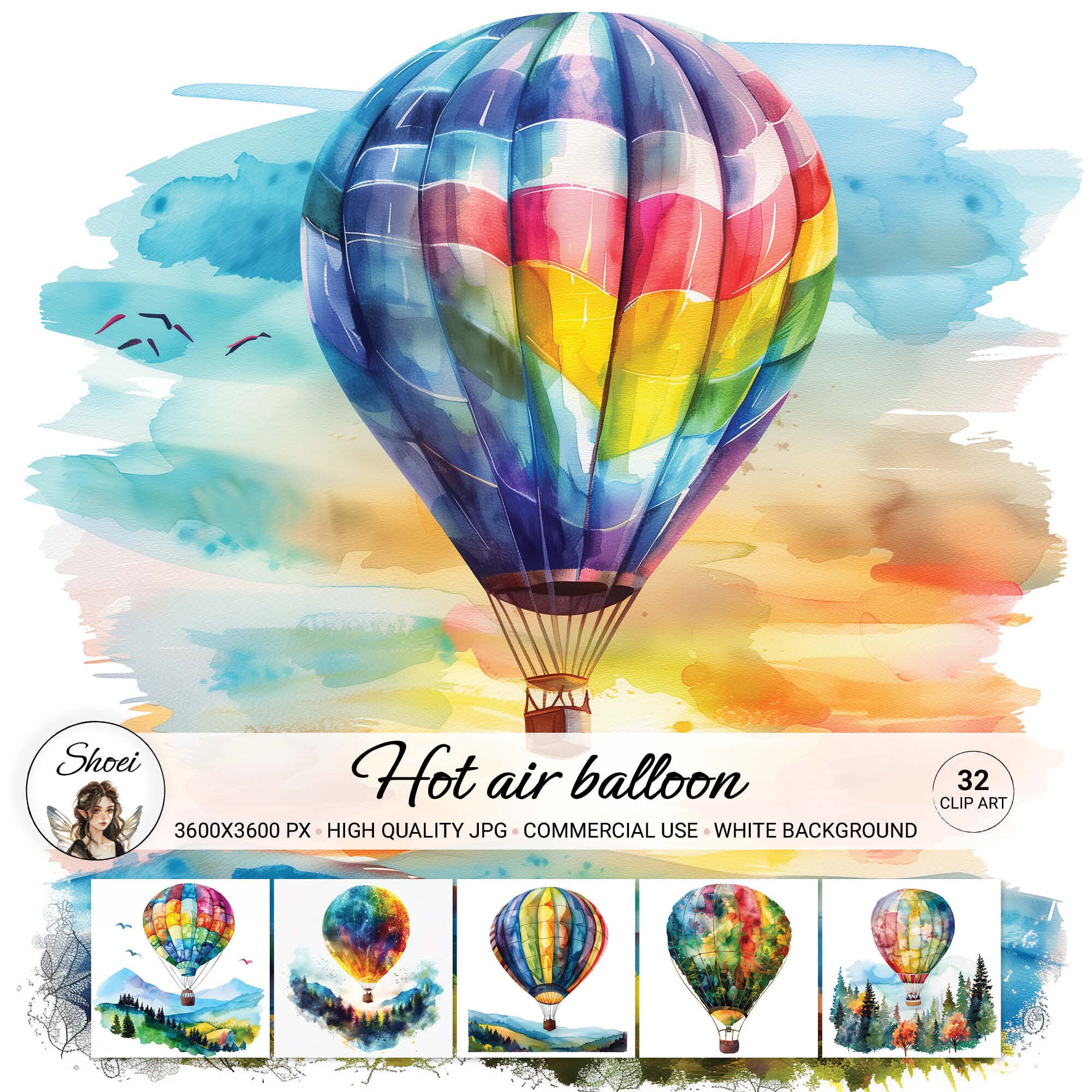 32 Hot Air Balloon Watercolor CLIPART JPG for Art and Craft Digital ...