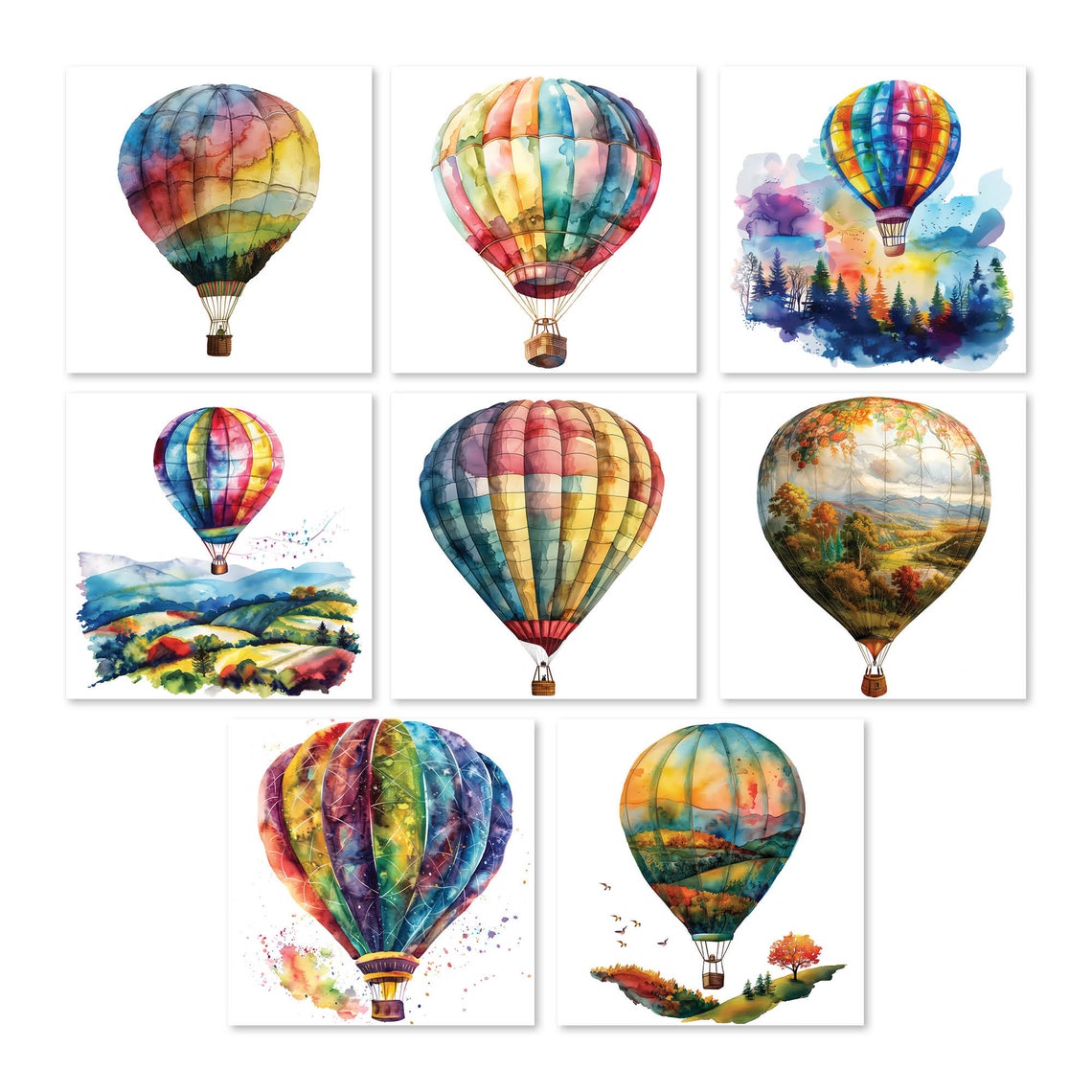 32 Hot Air Balloon Watercolor Clipart JPG Set Art and Craft Digital ...