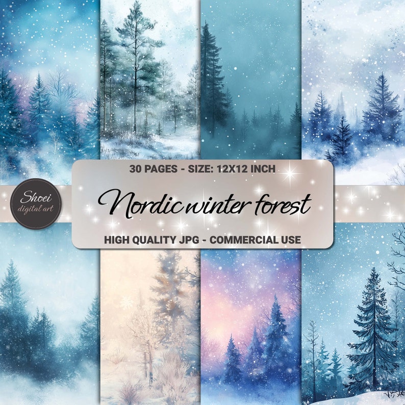 Nordic Winter Forest Digital Paper: Snowy Landscape Scrapbook Kit ...