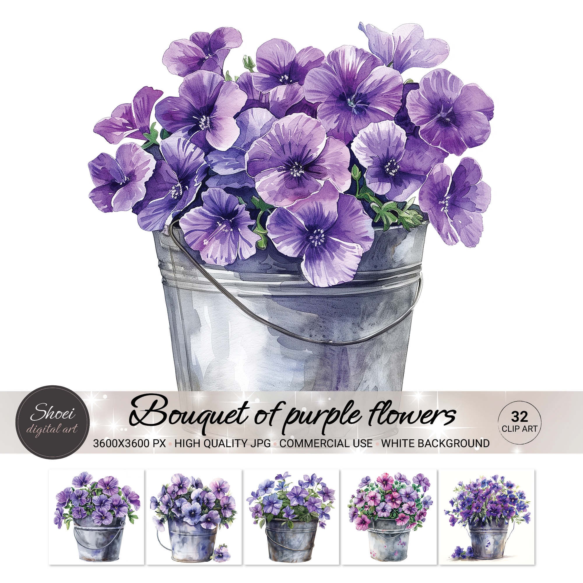 32 Bouquet of Purple Flowers CLIPART JPG for Art and Craft Projects ...