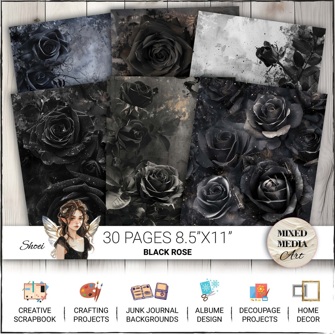 Printable Black Roses Gothic Digital Paper, 30 Pages 8.5X11 Size for ...