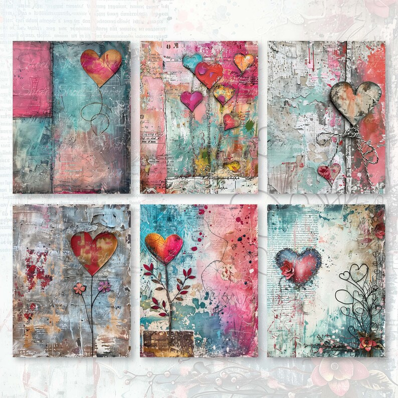 Mixed Media Hearts Digital Paper: Romantic Art Backgrounds (8.5x11 JPG ...