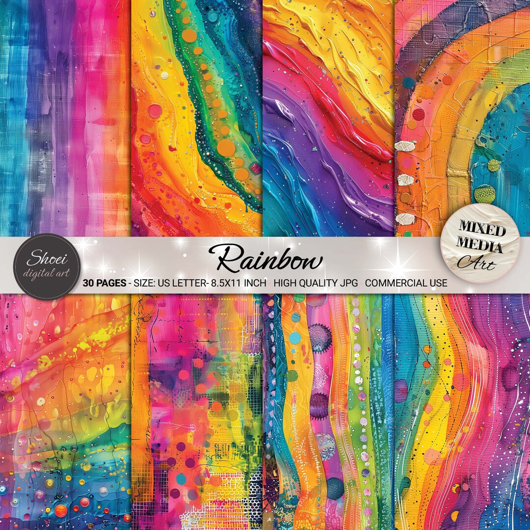 Vibrant Rainbow Colors Digital Paper Set for Junk Journal, Scrapbooking ...