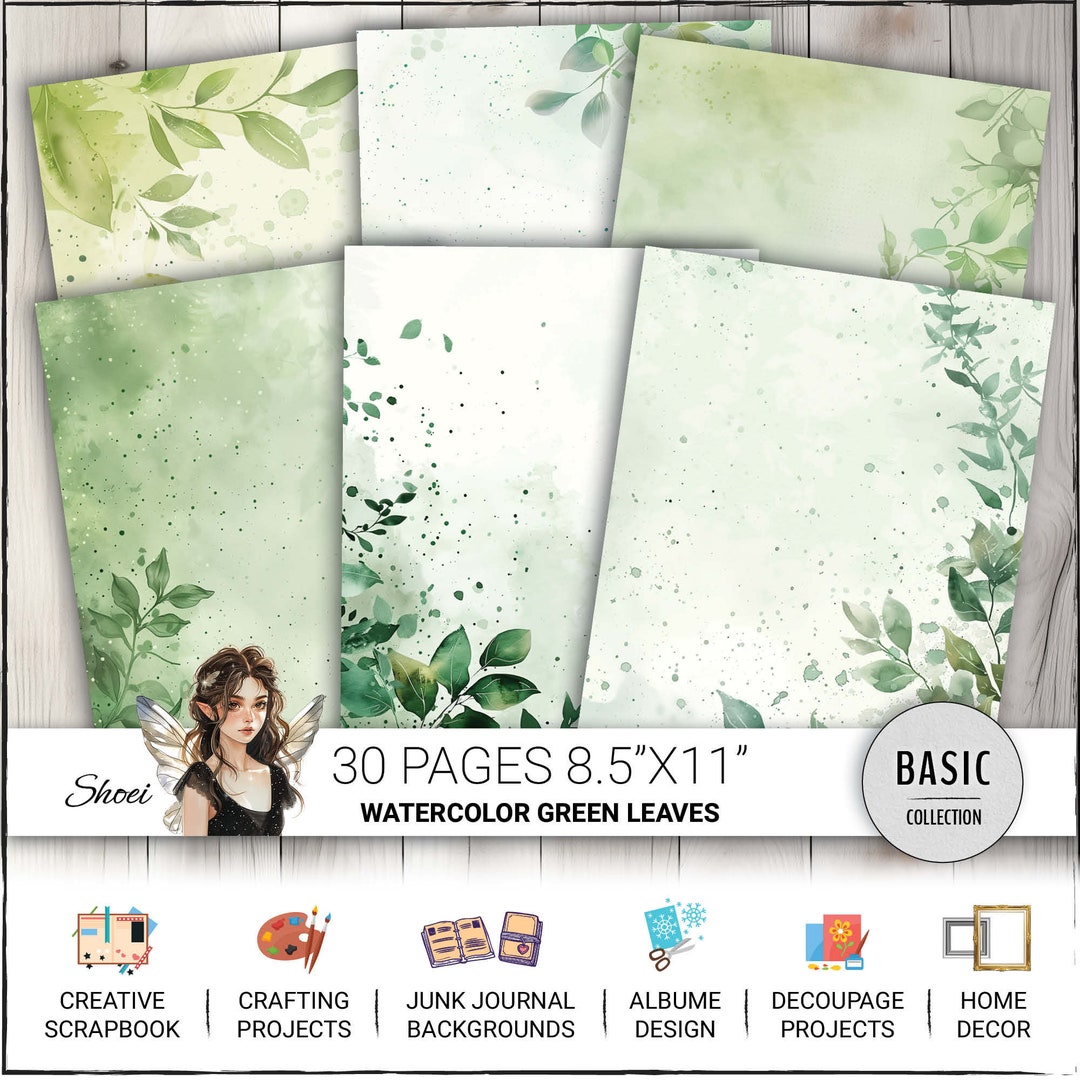 Watercolor Green Leaves Digital Paper, 30 Pages 8.5X11 Size for Junk ...