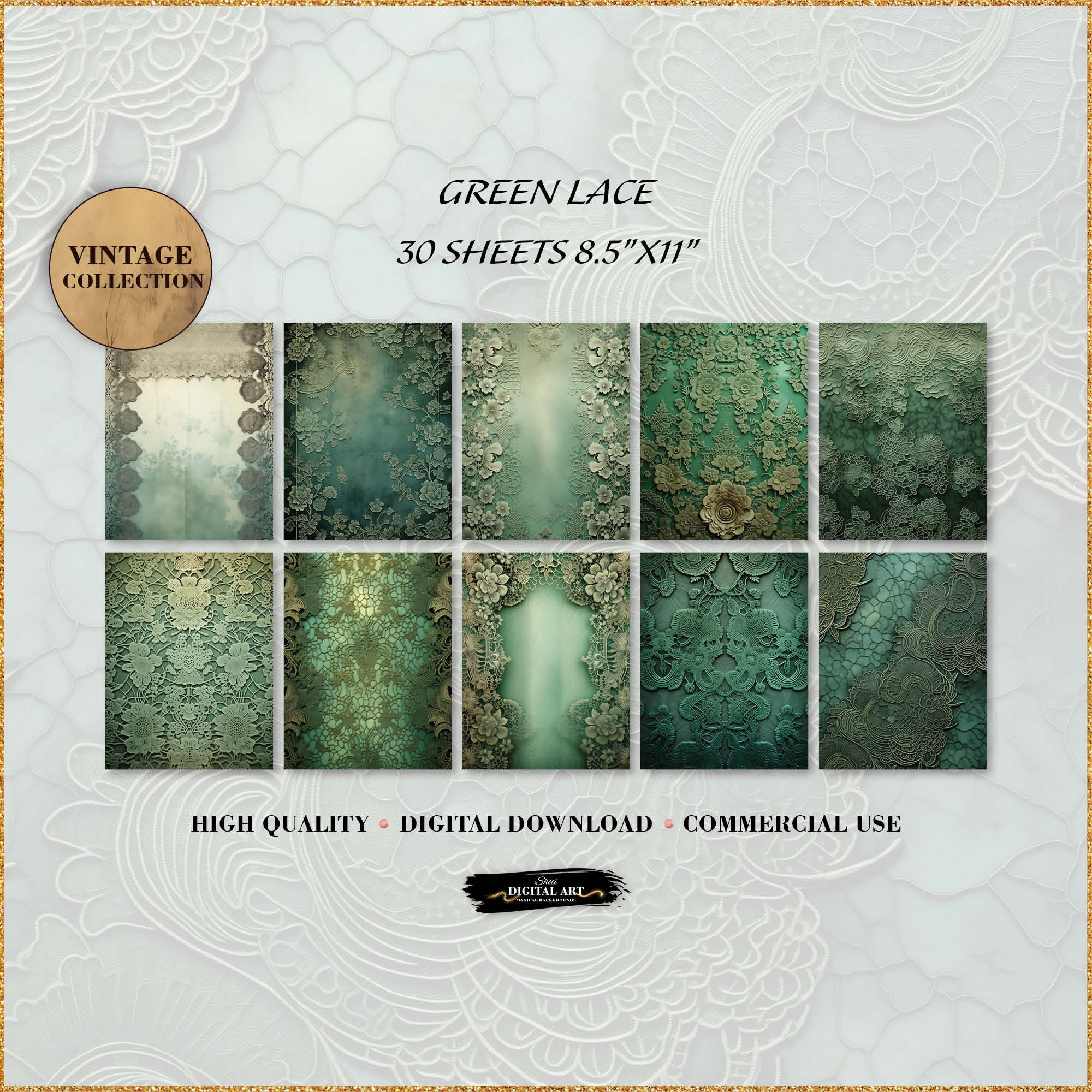 Green Vintage Lace Digital Paper for Junk Journal Kit, Mixed Media Art ...