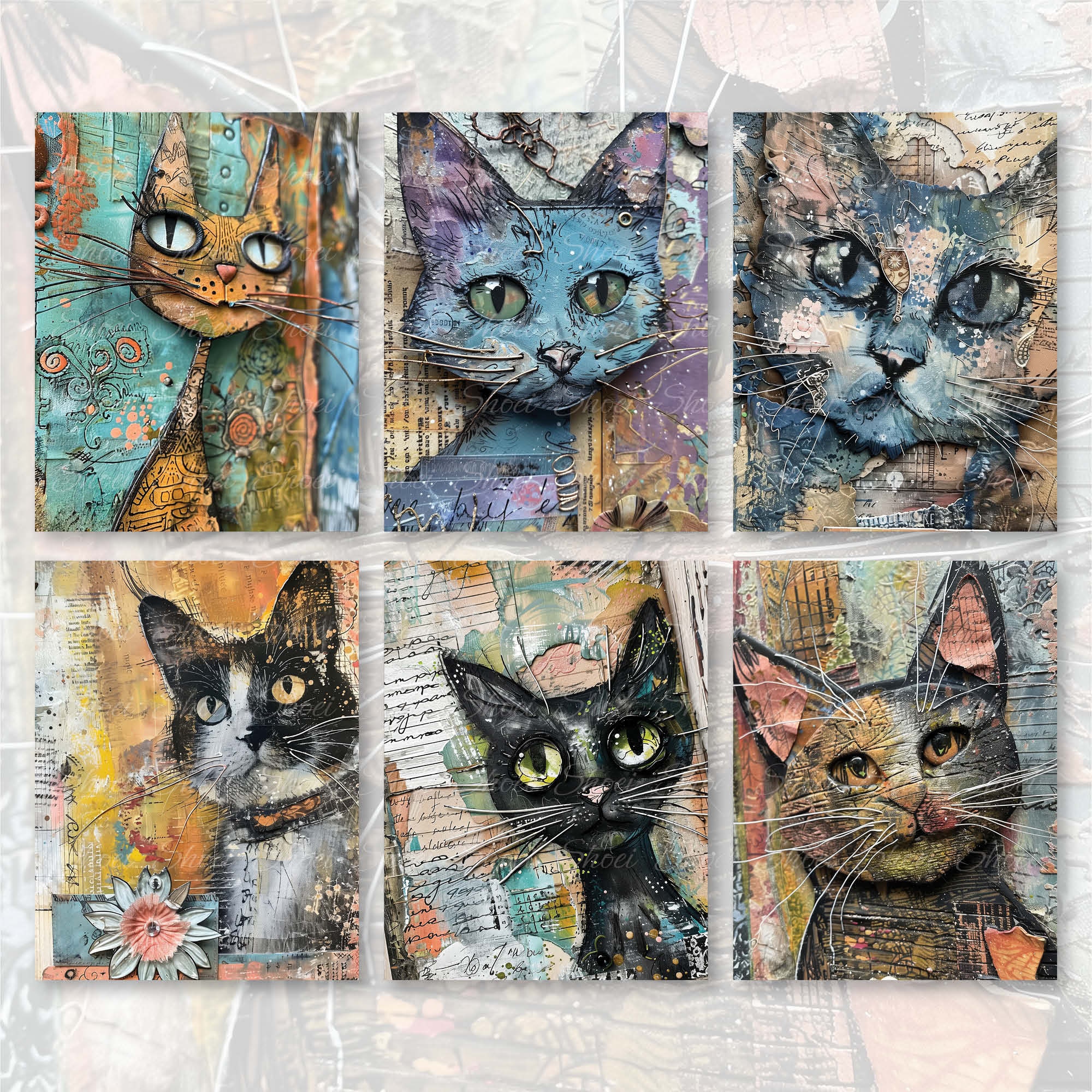 Whimsical Cat Collage Pack Digital Paper, 30 Pages Portrait Size for ...