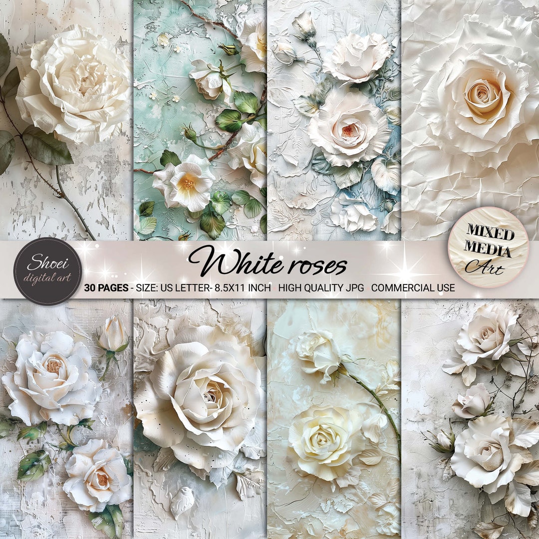 White Roses Digital Papers - 30 Elegant Rose Designs, Mixed Media Art ...