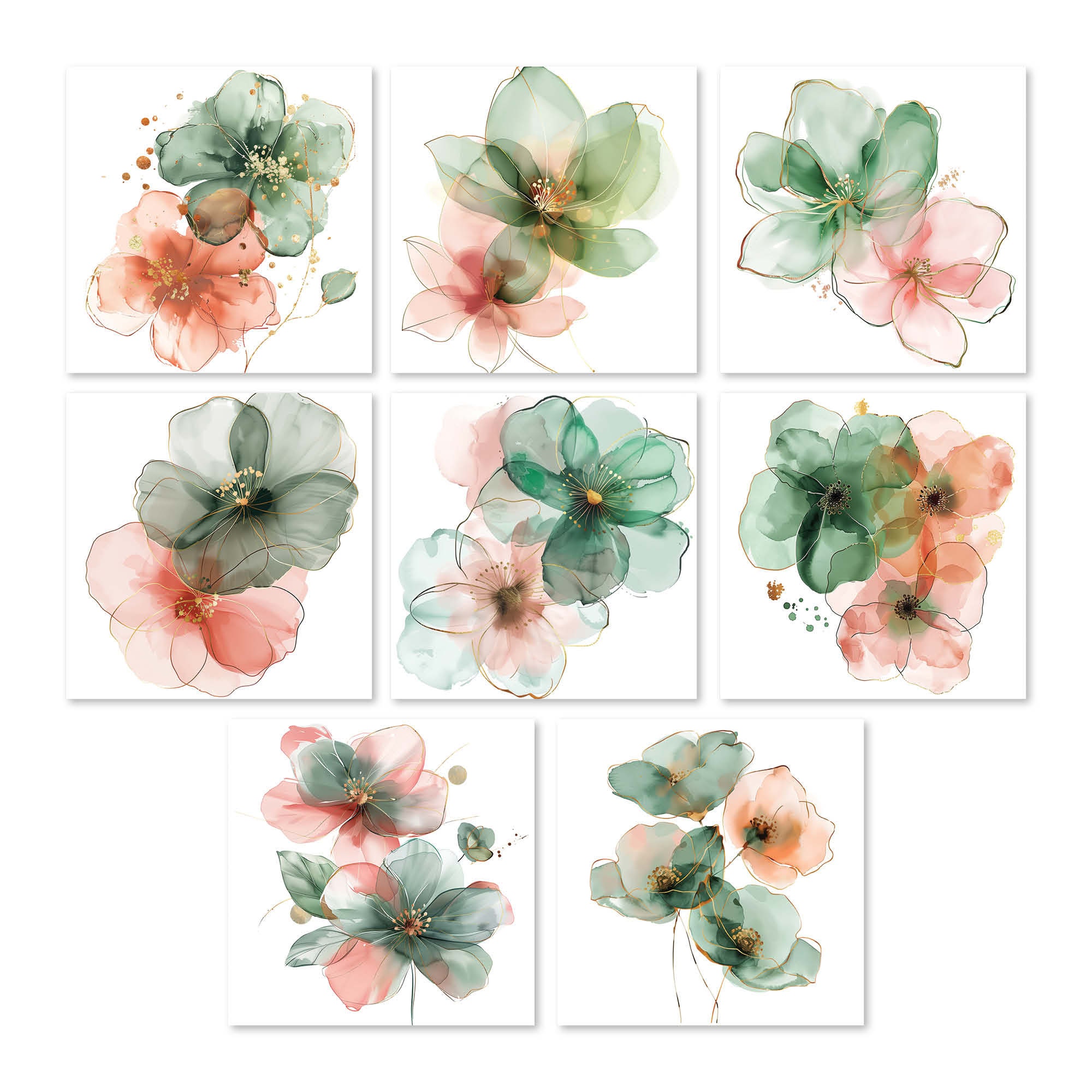 32 Abstract Pink Green Gold Flowers Watercolor Clipart JPG - Art and ...