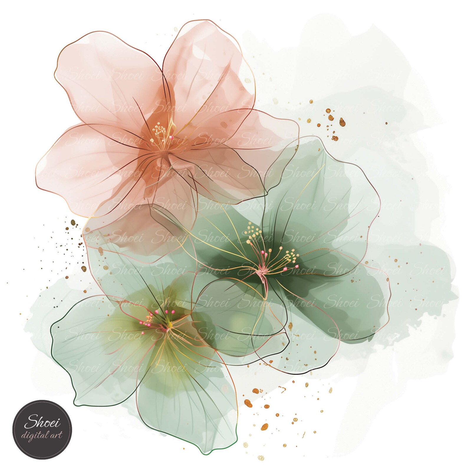 32 Abstract Pink Green Gold Flowers Watercolor Clipart JPG - Art and ...