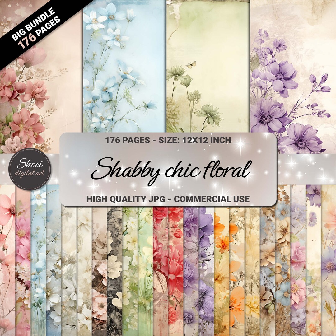Shabby Chic Floral Digital Paper Bundle - 176 Pastel Flower Backgrounds ...