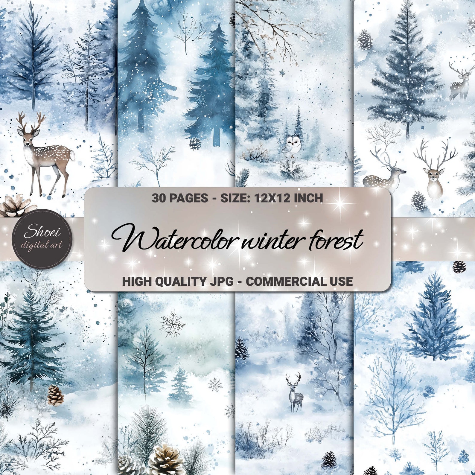 Watercolor Winter Forest Digital Paper: 30 Page Christmas Collection ...