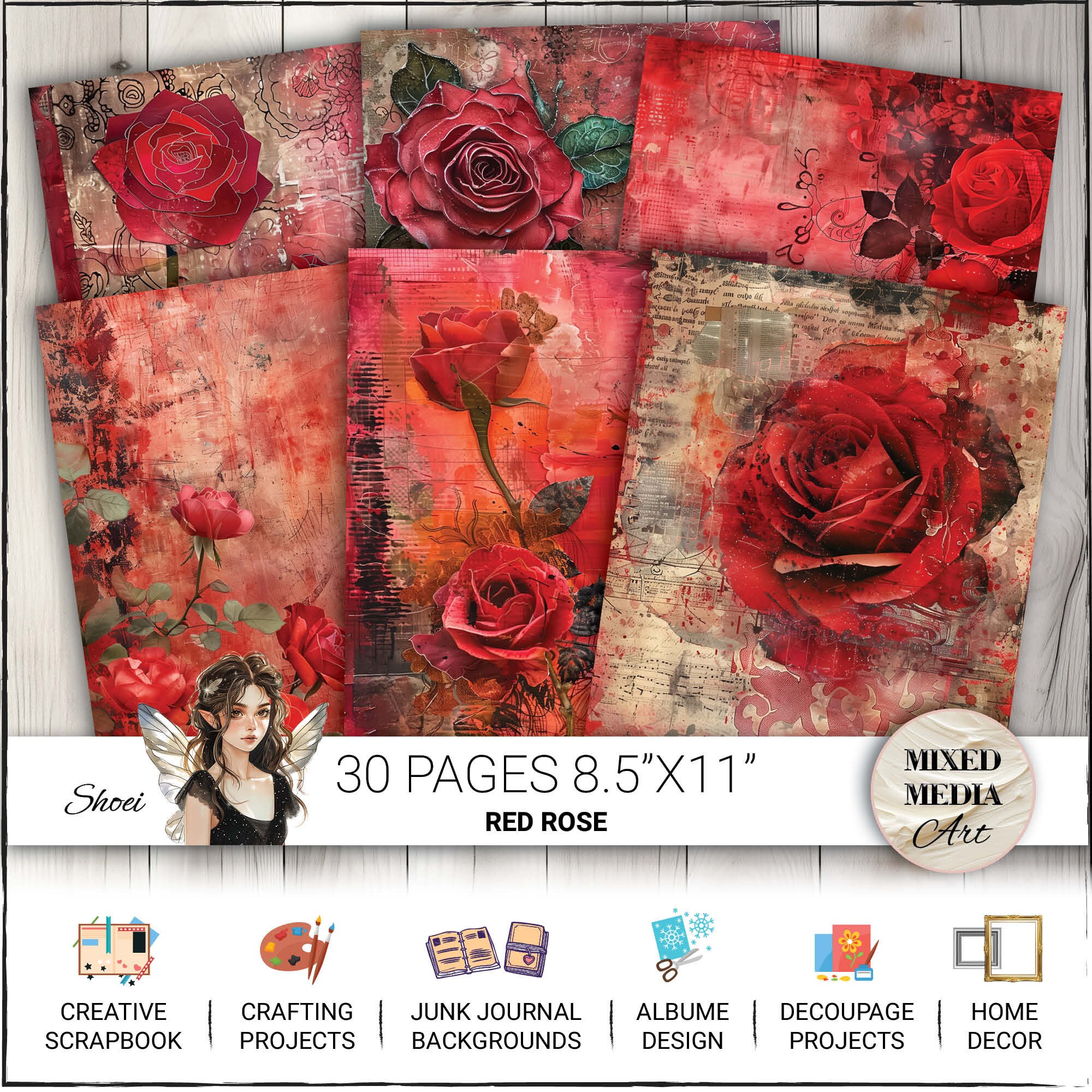 Printable Red Rose Vintage Digital Paper, 30 Pages 8.5X11 Size for Junk ...