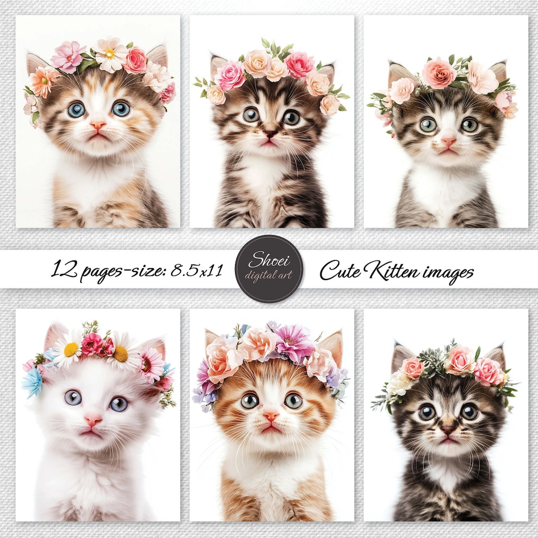 Cute Kitten Printable Wall Art, Floral Cat Nursery Decor, Kids Room ...