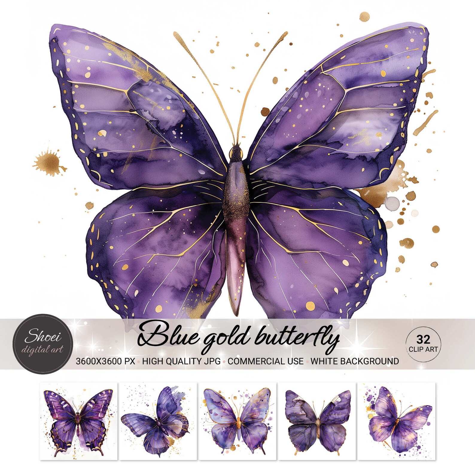 Blue Gold Butterfly Clipart: Elegant Watercolor Insect Illustrations ...