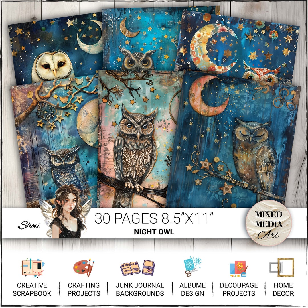 Printable Owl Theme Blue Night Digital Paper, 30 Pages 8.5X11 Size for ...