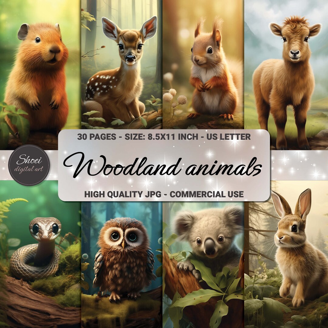 Woodland Animals Digital Paper, Cute Forest Animal Journal Art ...