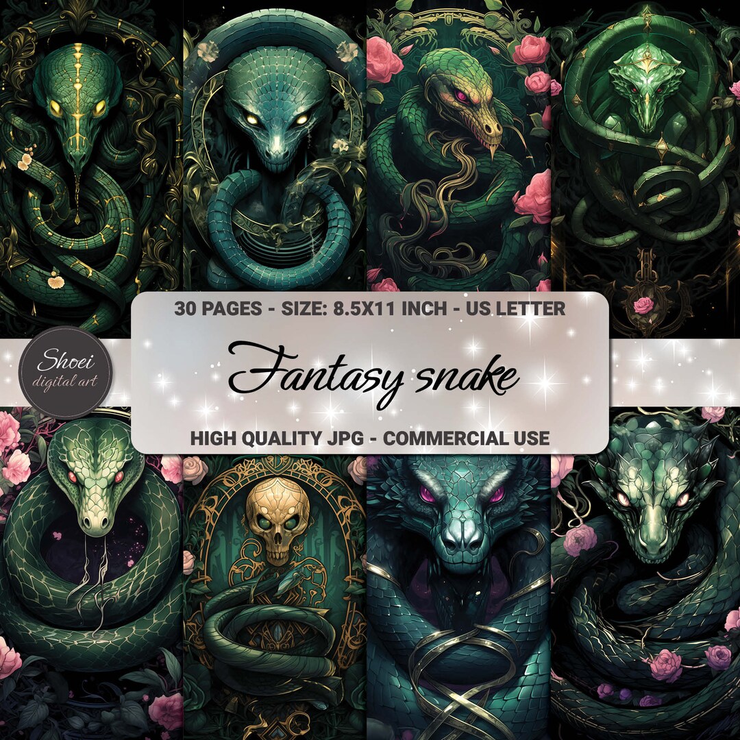 Fantasy Snake Green & Gold Digital Paper, 30 Pages 8.5x11 Size for Junk ...