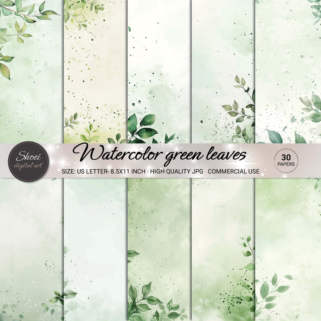 Watercolor Green Leaves Digital Paper Collection for Junk Journal ...