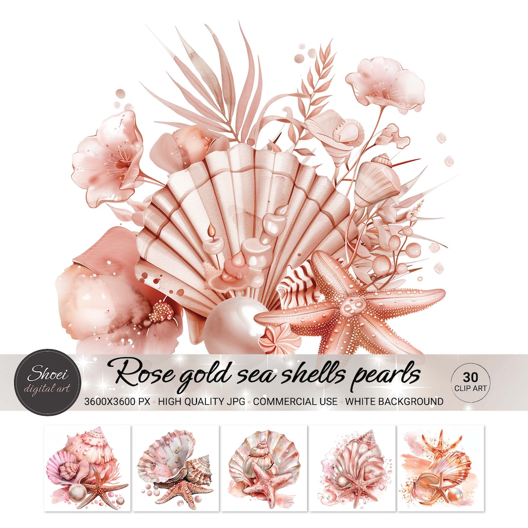Luxurious Rose Gold Sea Shells and Pearls Clipart - Perfect for Wedding ...