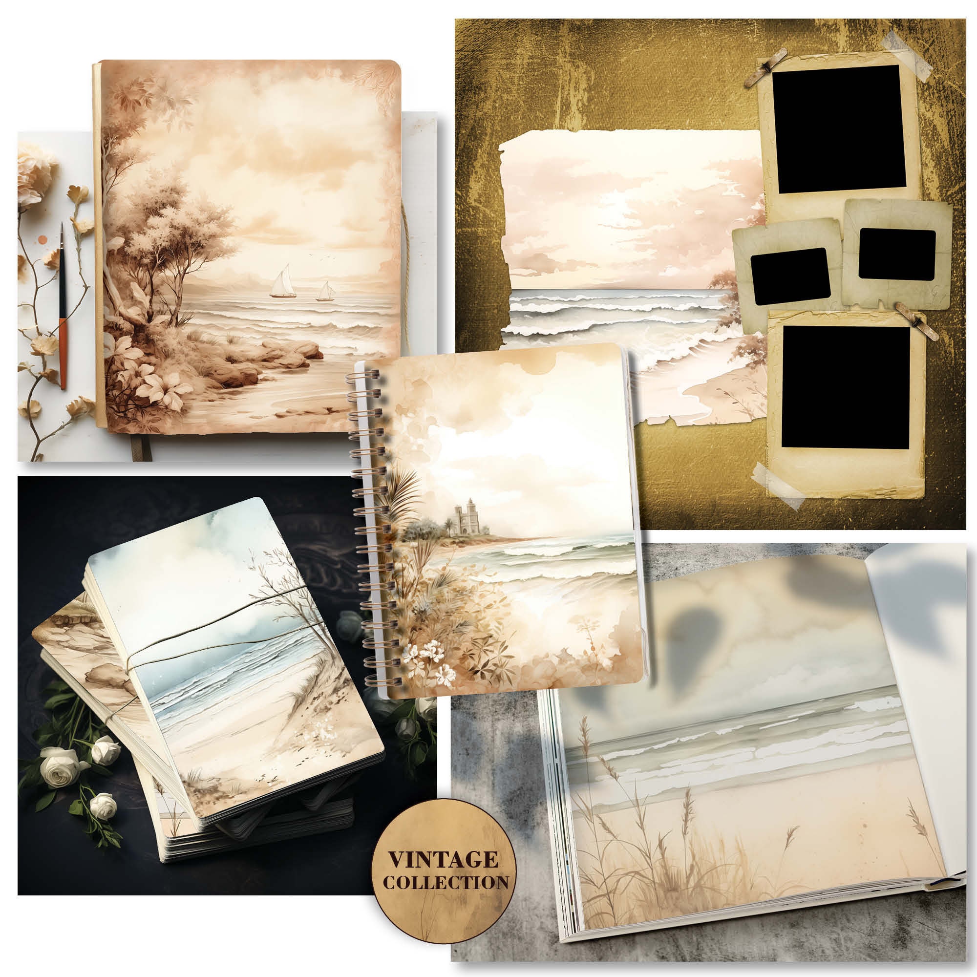Sea View in Sepia Colors Digital Paper, 30 Pages Portrait Size for Junk ...