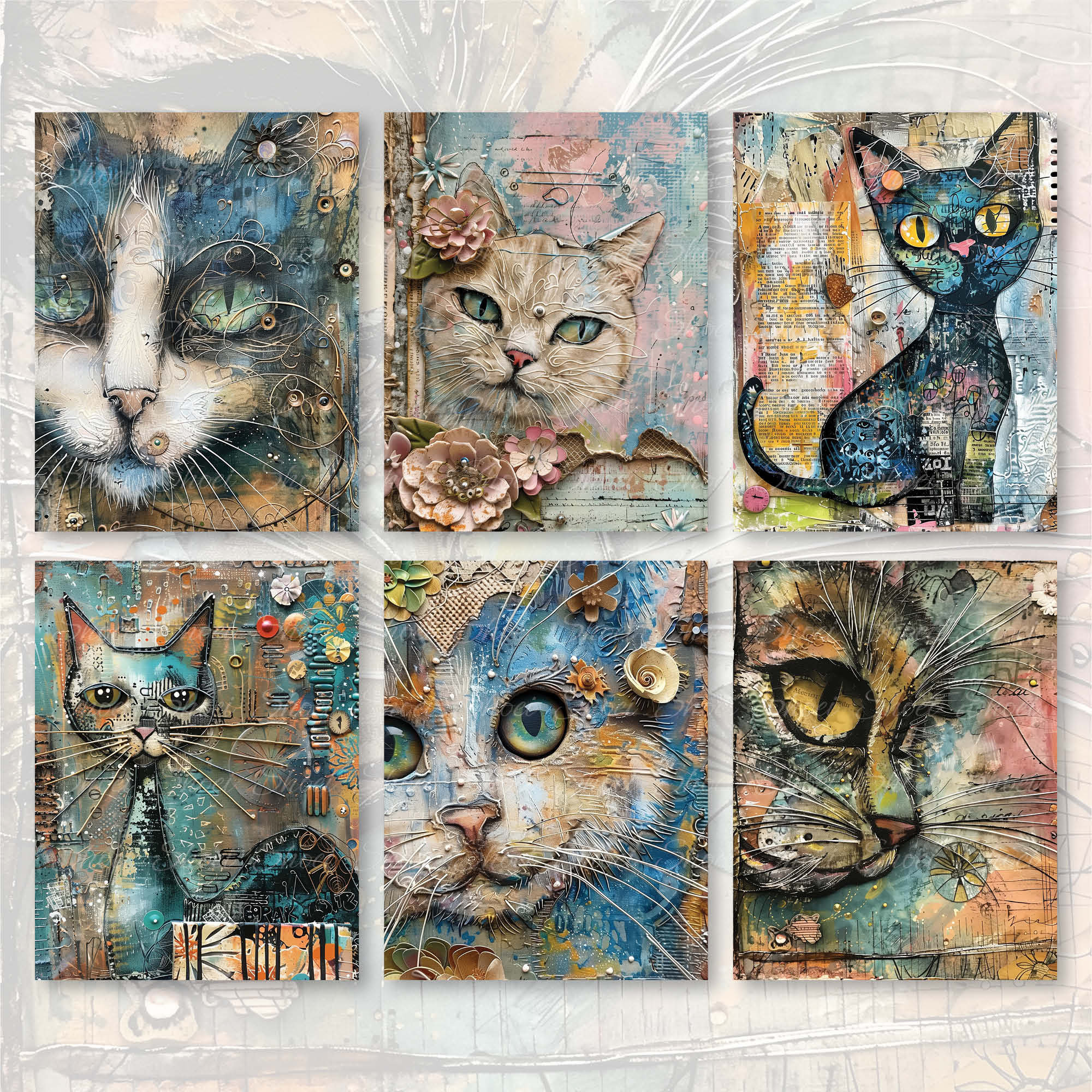 Whimsical Cat Collage Pack Digital Paper, 30 Pages Portrait Size for ...