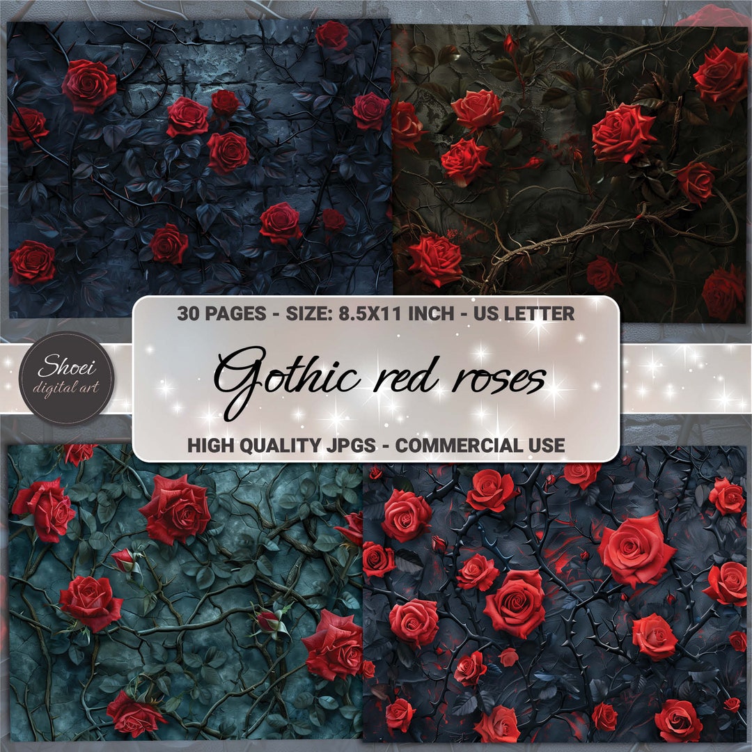 Gothic Red Roses Black Digital Paper - 30 Pages 8.5X11 - Junk Journal ...