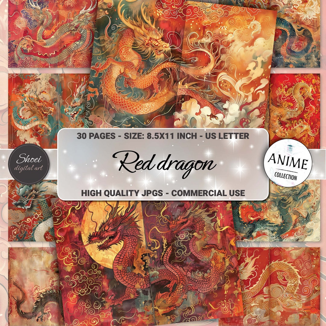 Fantasy Dragon Red Gold Digital Paper Set for Crafts & Scrapbooking, 30 ...