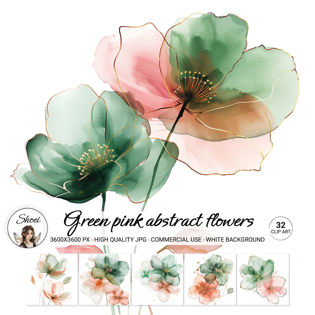 32 Abstract Pink Green Gold Flowers, Watercolor CLIPART JPG for Art and ...