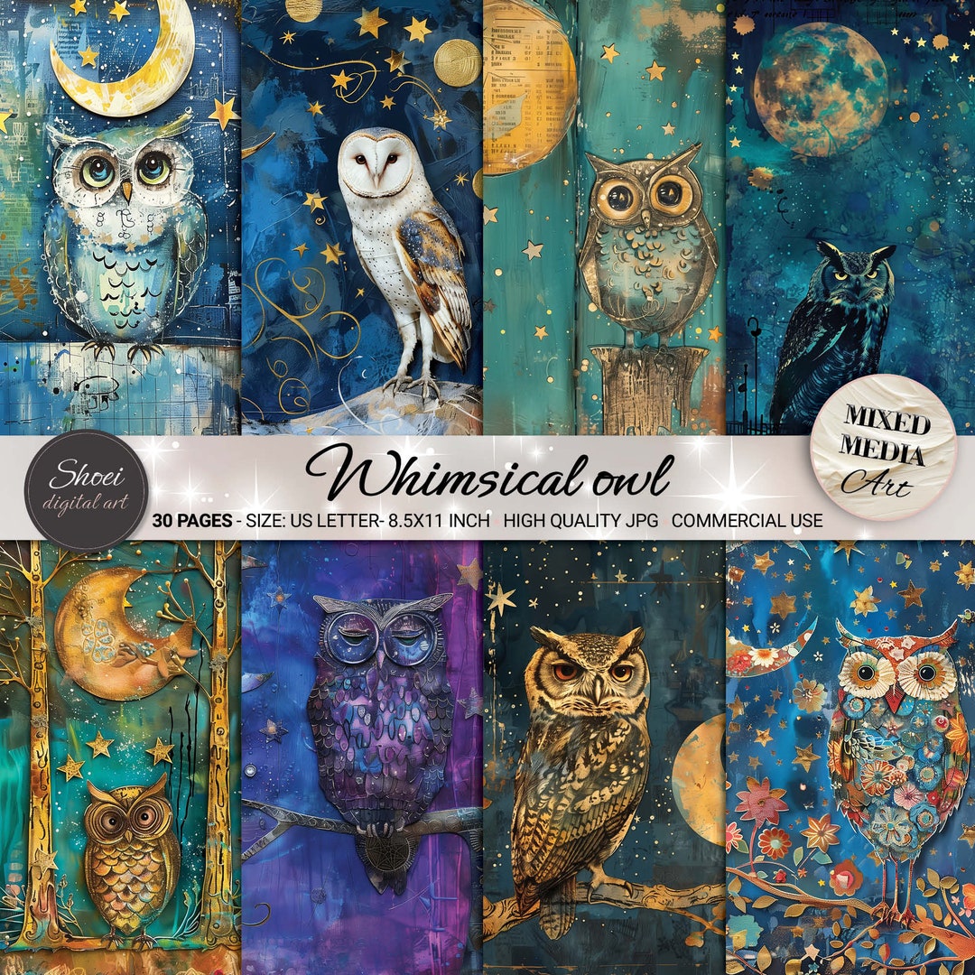 Printable Owl Theme Blue Night Digital Paper, 30 Pages 8.5X11 Size for ...