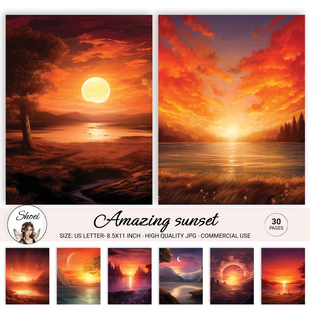 Printable Amazing Sunset Digital Paper, 30 Pages 8.5x11 Size for Junk ...