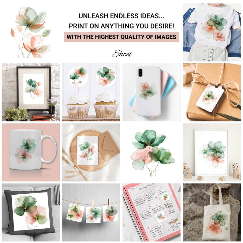 32 Abstract Pink Green Gold Flowers, Watercolor CLIPART JPG for Art and ...