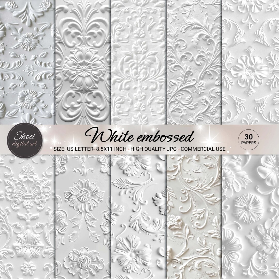 White Embossed Elegant Floral Digital Paper, 30 Pages 8.5X11 Size for ...