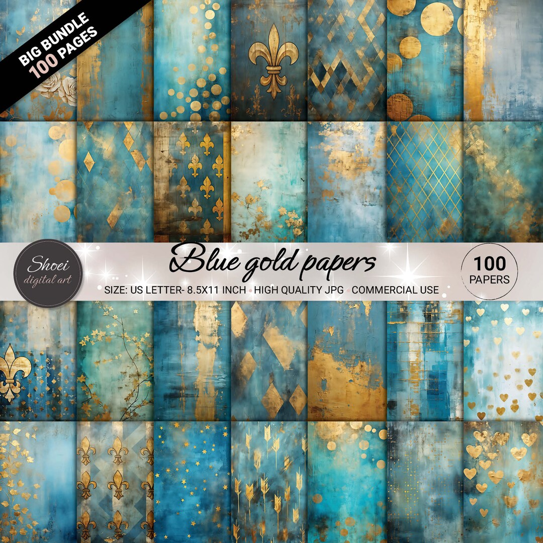 100 Printable Blue Gold Digital Paper 8.5X11 for Junk Journal ...