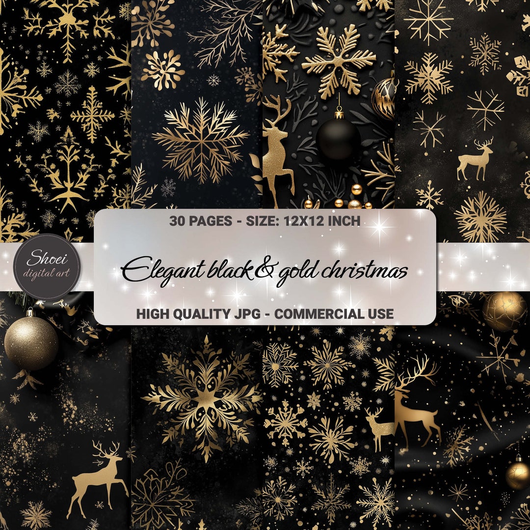 Black & Gold Christmas Digital Paper: 30-page Scrapbook Kit (12x12 Inch ...