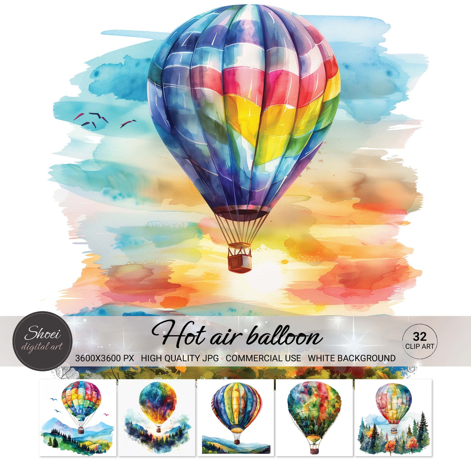 32 Hot Air Balloon Watercolor Clipart JPG Set Art and Craft Digital ...