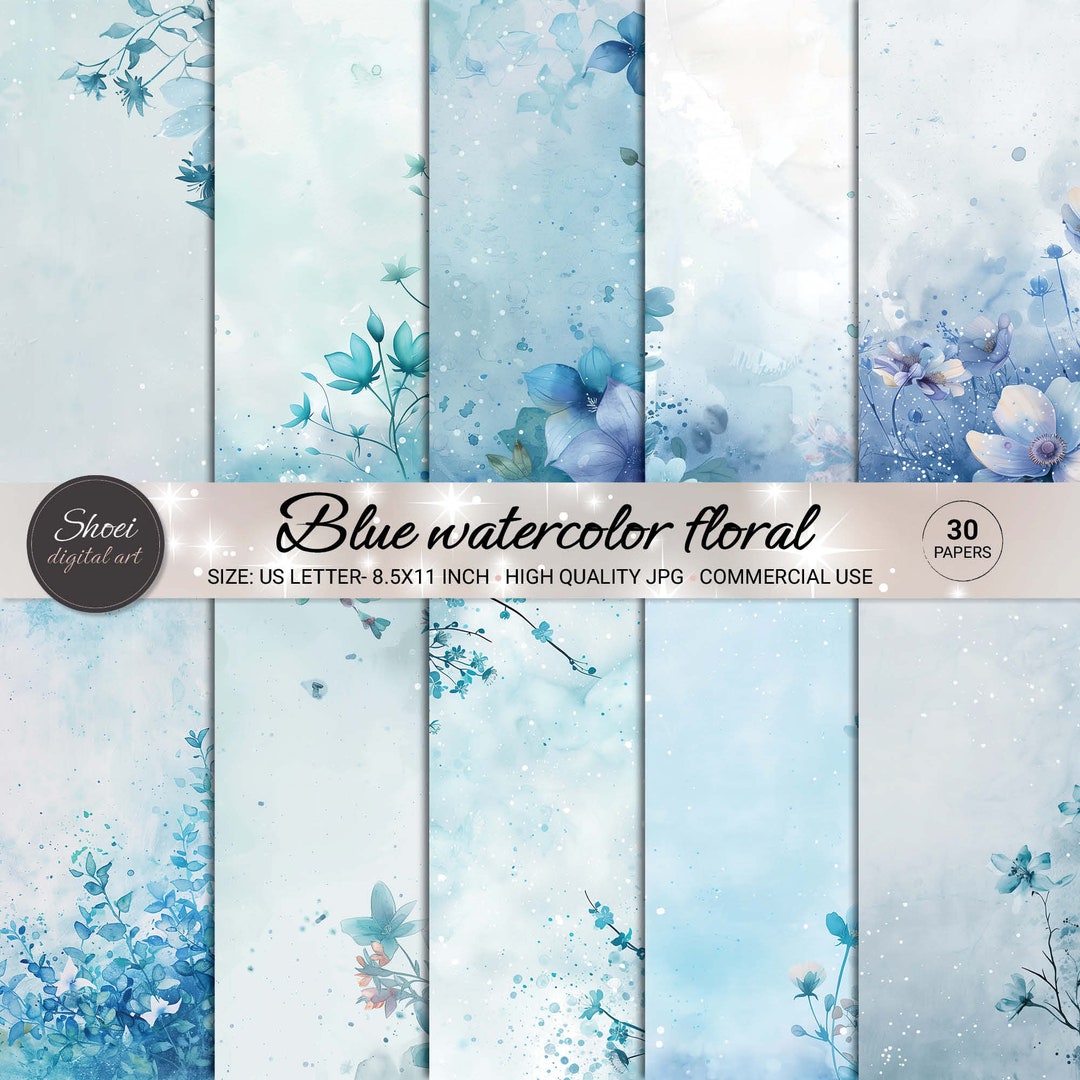 Blue Floral Watercolor Digital Paper: Elegant Scrapbook Backgrounds (8 ...