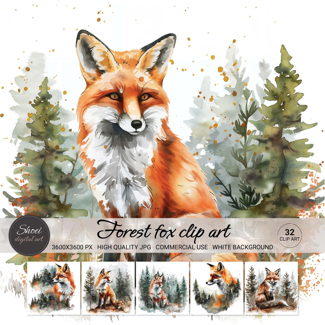 Forest Fox Clipart - Watercolor Woodland Fox Digital Art, Perfect for ...