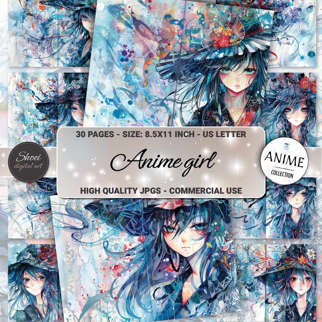 Serene Anime Girl Art Blue Digital Paper Collection for Scrapbooking ...