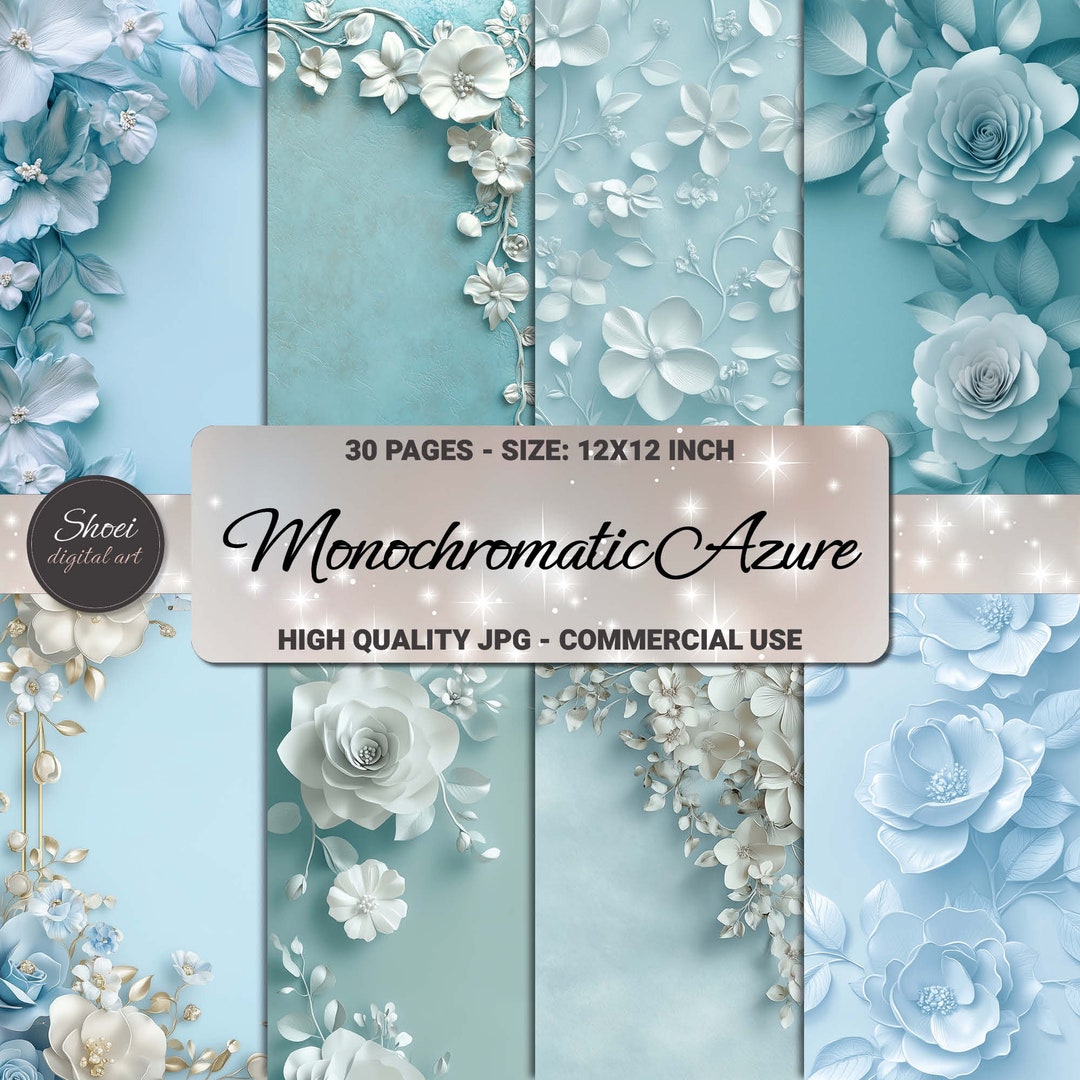 Blue Floral Digital Paper Pack, Monochrome Azure Scrapbook Backgrounds ...