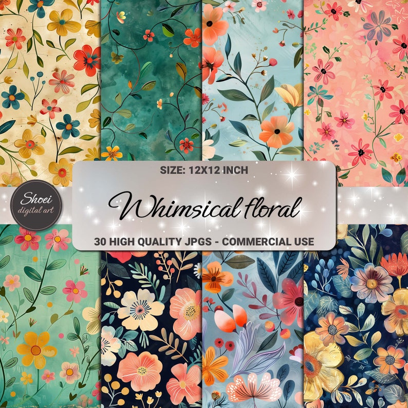 Whimsical Floral Digital Paper Collection - 30 Pages 12X12 for Junk ...