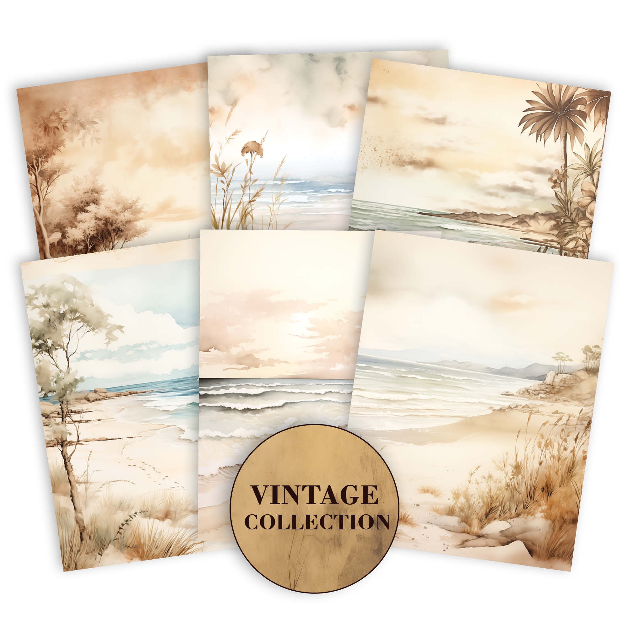 Sea View in Sepia Colors Digital Paper, 30 Pages Portrait Size for Junk ...