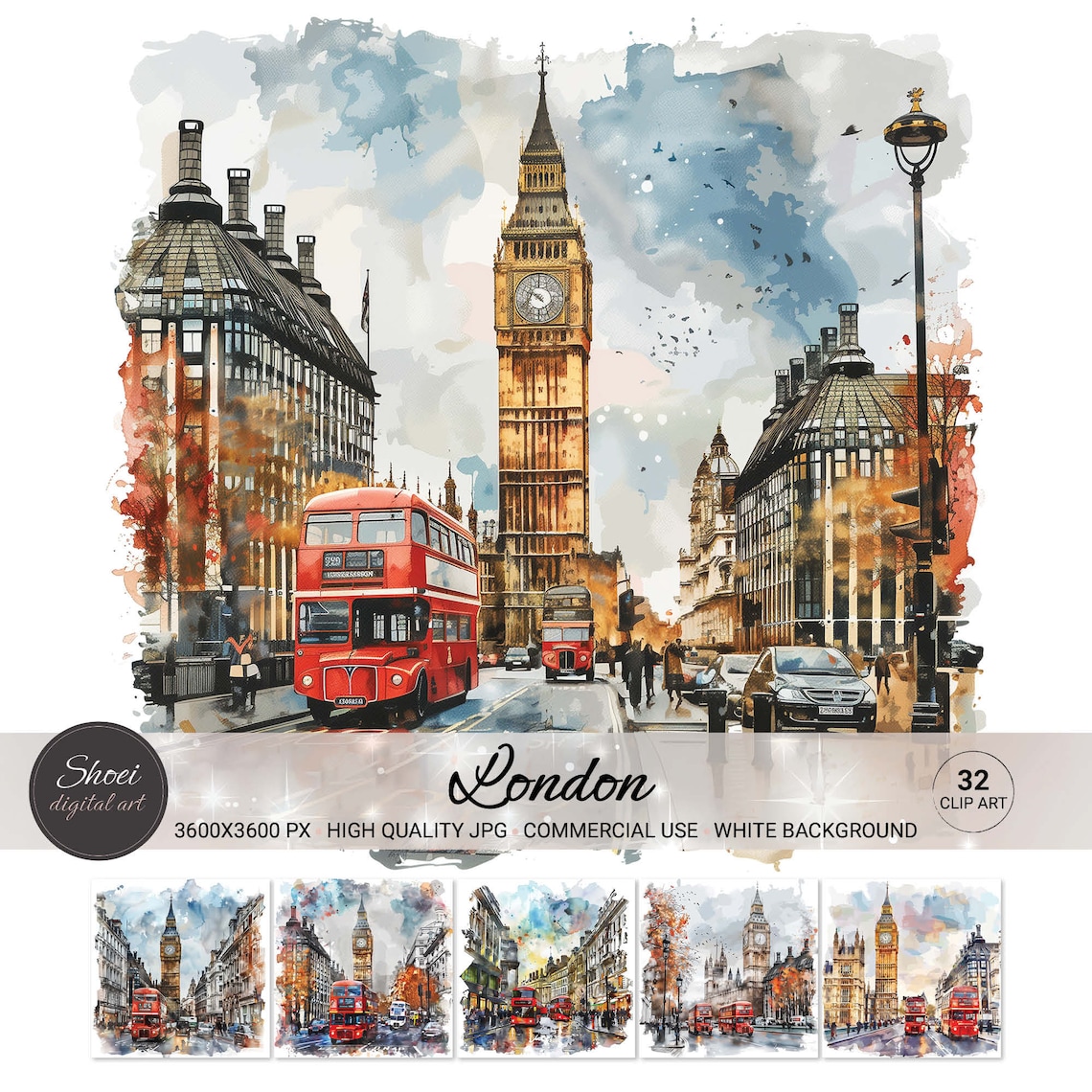 London Watercolor Clipart: Big Ben, Red Bus, UK Landmarks (32 JPG ...