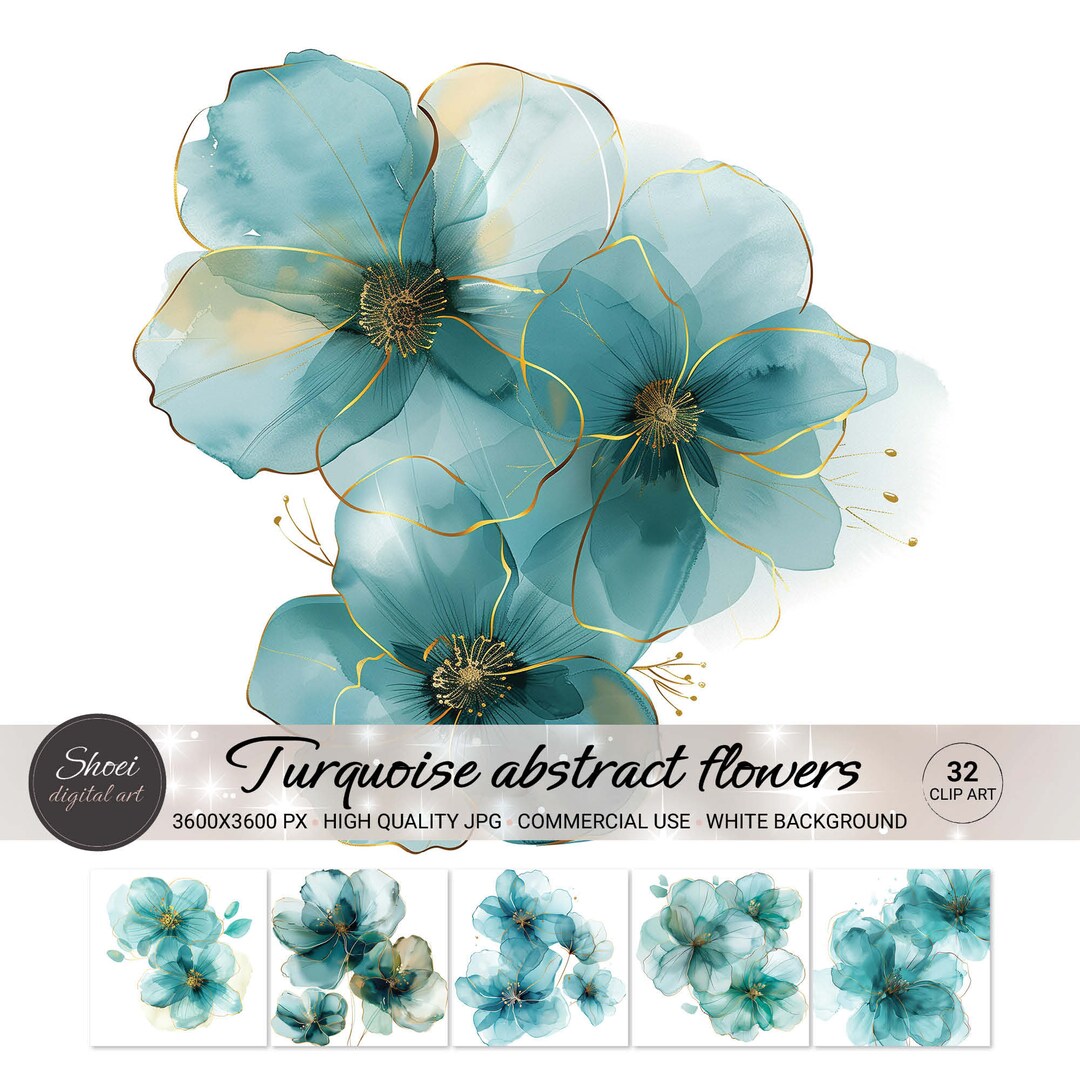 Abstract Turquoise Gold Flowers Watercolor Clipart Collection for Art ...