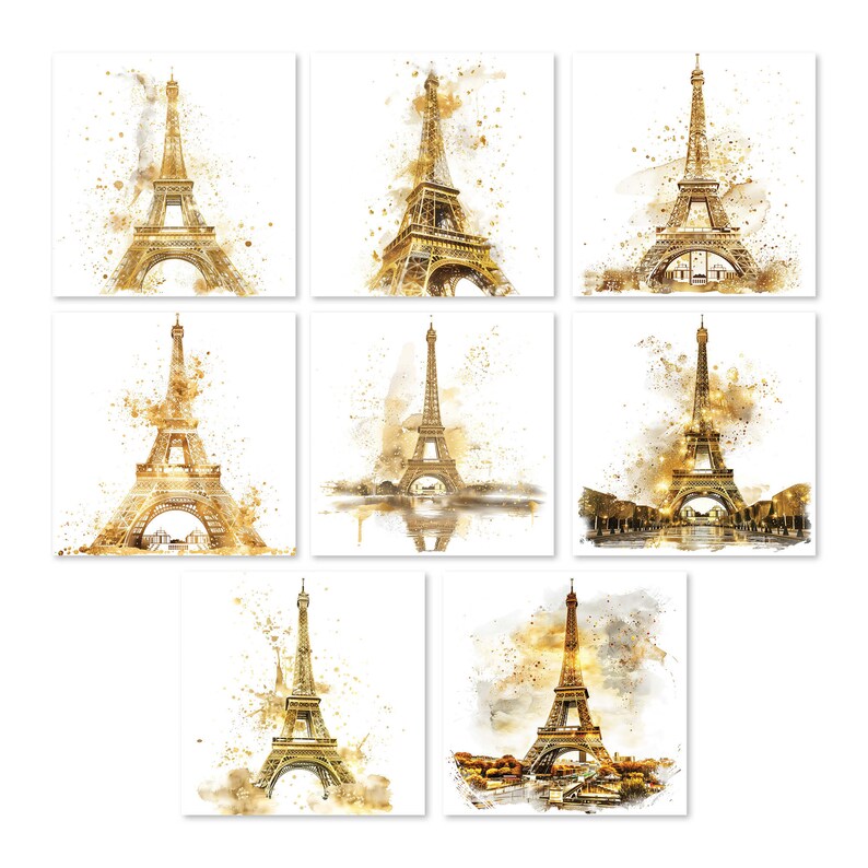 Eiffel Tower Gold Clipart, Paris Watercolor Illustration, French ...